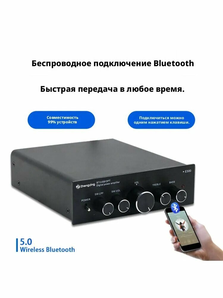 Hi-Fi усилитель E580 2.1, 100Вт, Bluetooth 5.0, USB/OPT/AUX, регулировка сабвуфера, TPA3116, 12-24В, для авто и дома