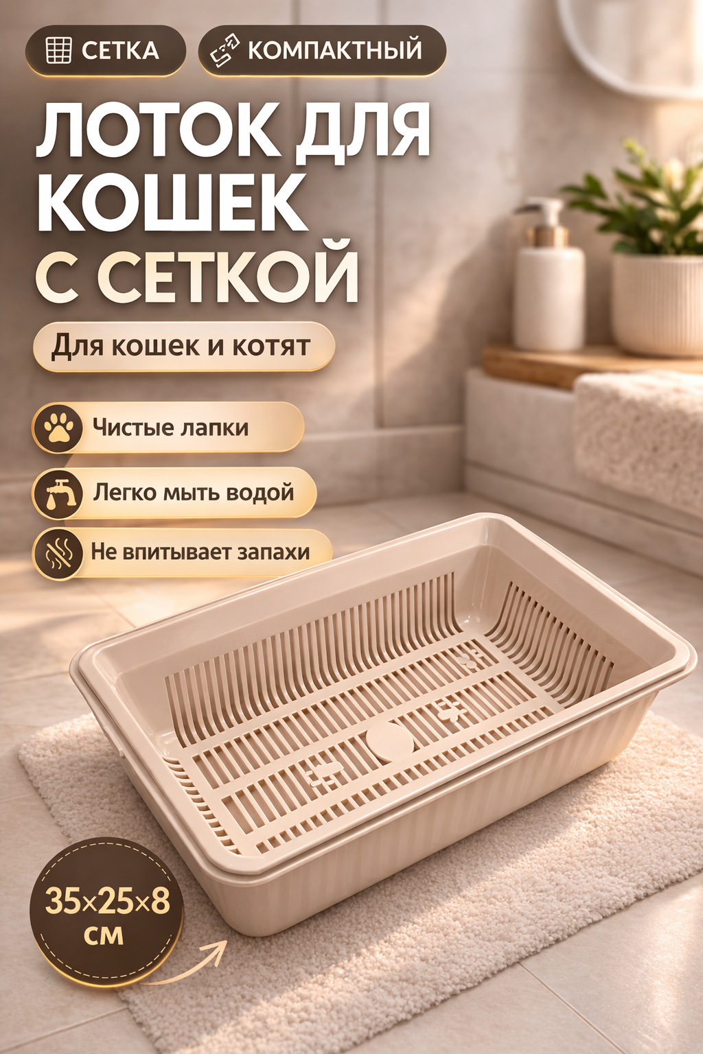 Лоток для кошек с решеткой и бортами 35х25х8 см