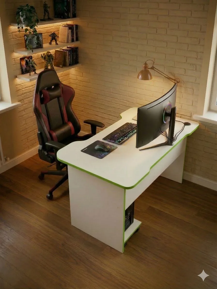 Cтол геймера, игровой, компьютерный. белый лдсп/фисташковый кант,110 см