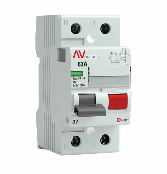 EKF Выключатель дифференциального тока DV 2P 63А 30мА тип A электромеханичекий 6kA AVERES, арт. rccb-2-63-30-a-av