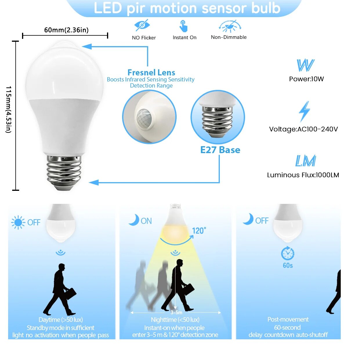 Светодиодная лампа Gatetop с датчиком движения E27 10Вт PIR Sensor Bulb, Warm white 3000K, 1PCS
