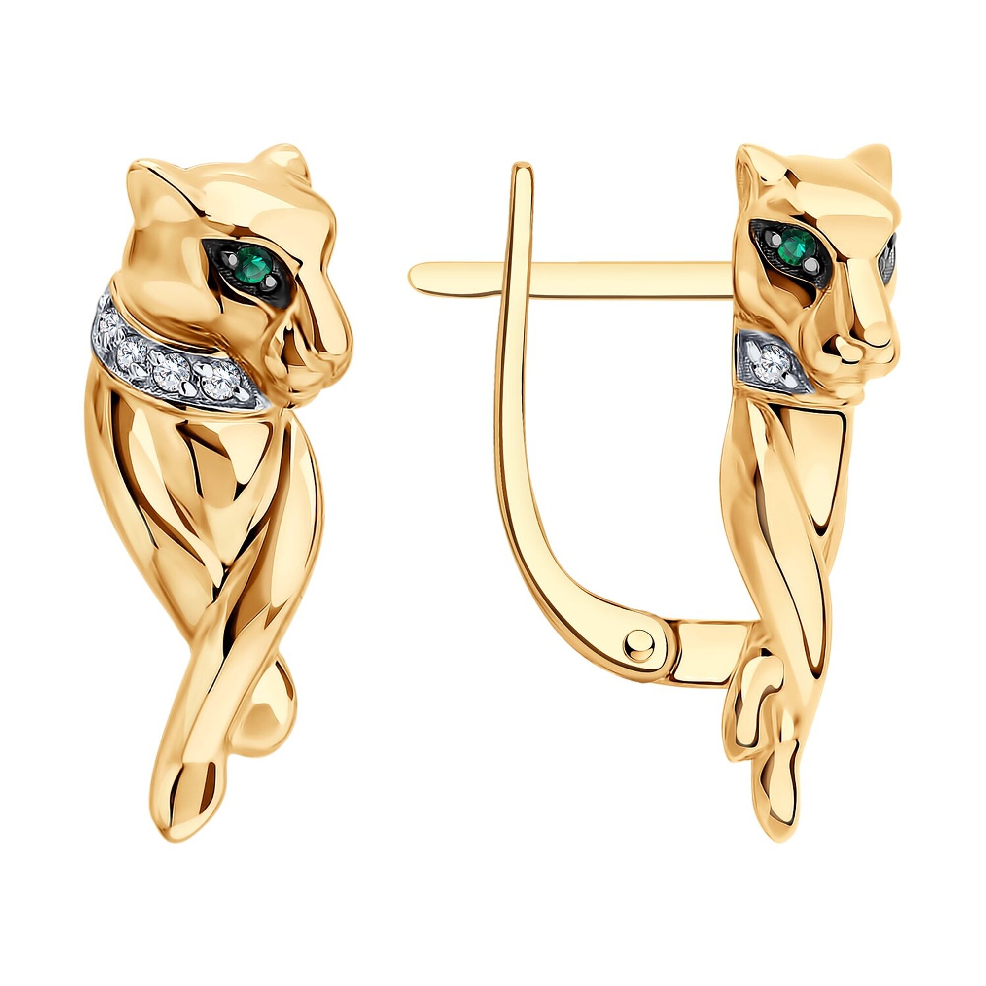 Серьги, красное золото, 585 проба, фианит, изумруд синтетический