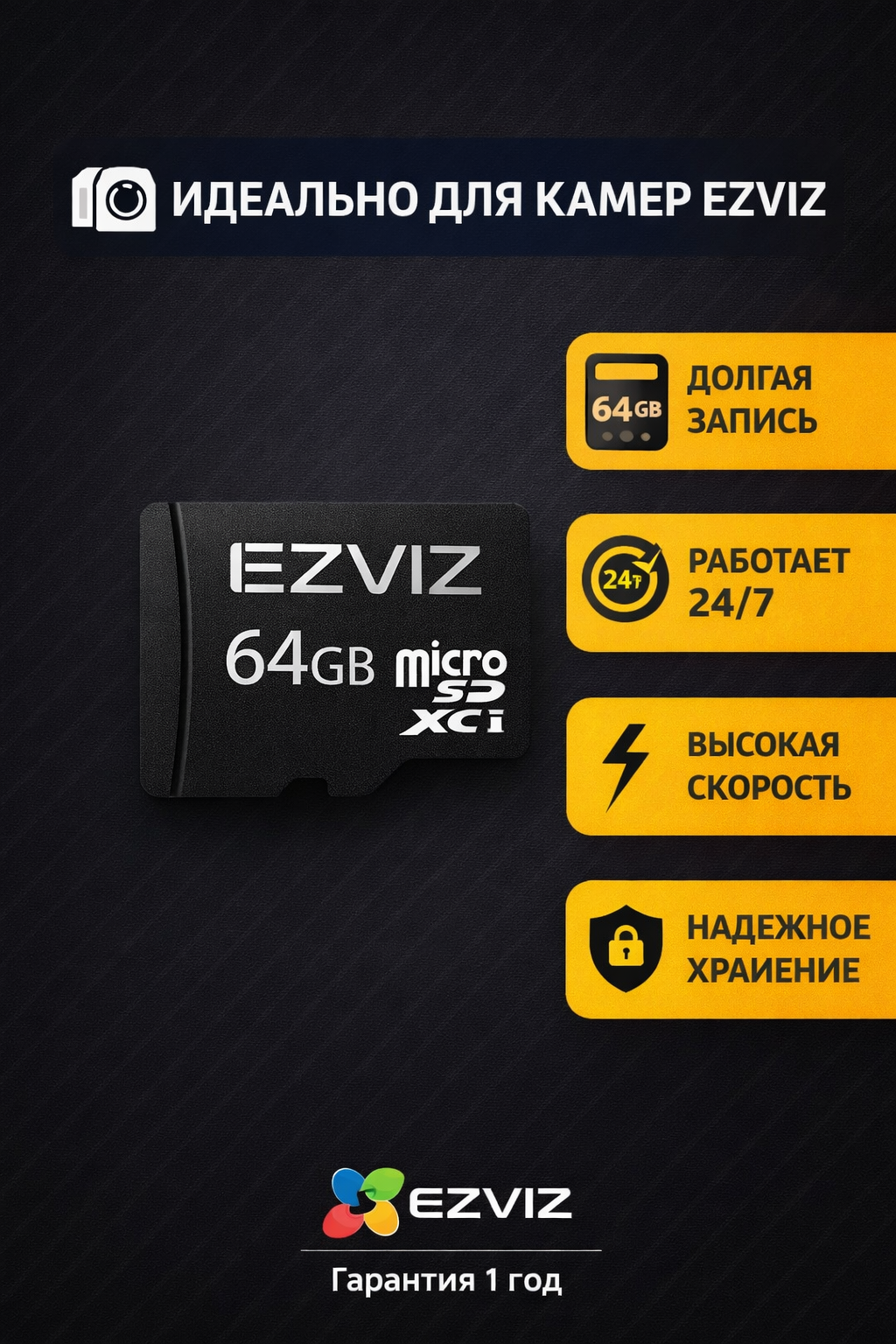 Карта памяти EZVIZ MicroSD 64 ГБ Class 10 для камер видеонаблюдения