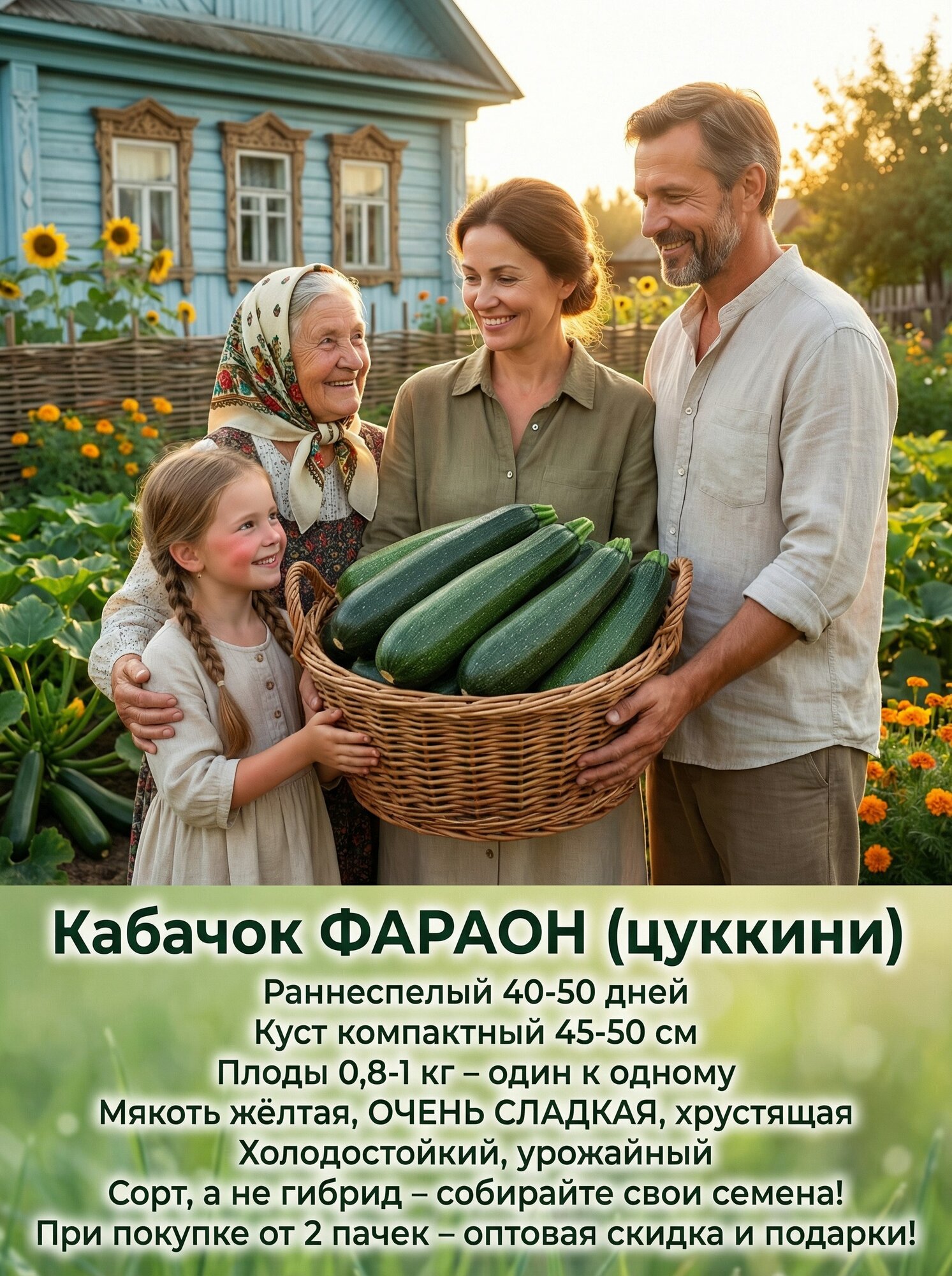 Кабачок фараон (цуккини), 2 г Раннеспелый 40-50 дней, кустовой, мякоть желтая очень сладкая, холодостойкий, для ОГ и теплиц, семена урожая 2026 г.