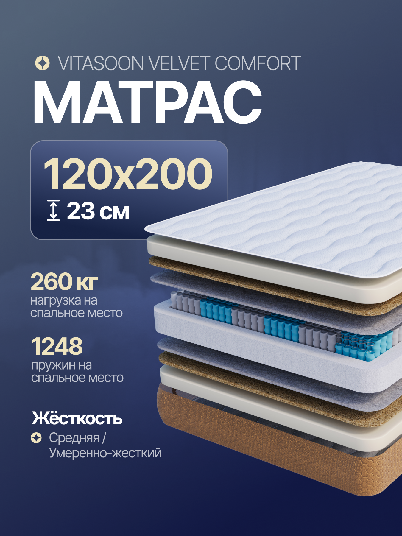 Матрас 120x200 пружинный высота 23 см Vitasoon Velvet Comfort