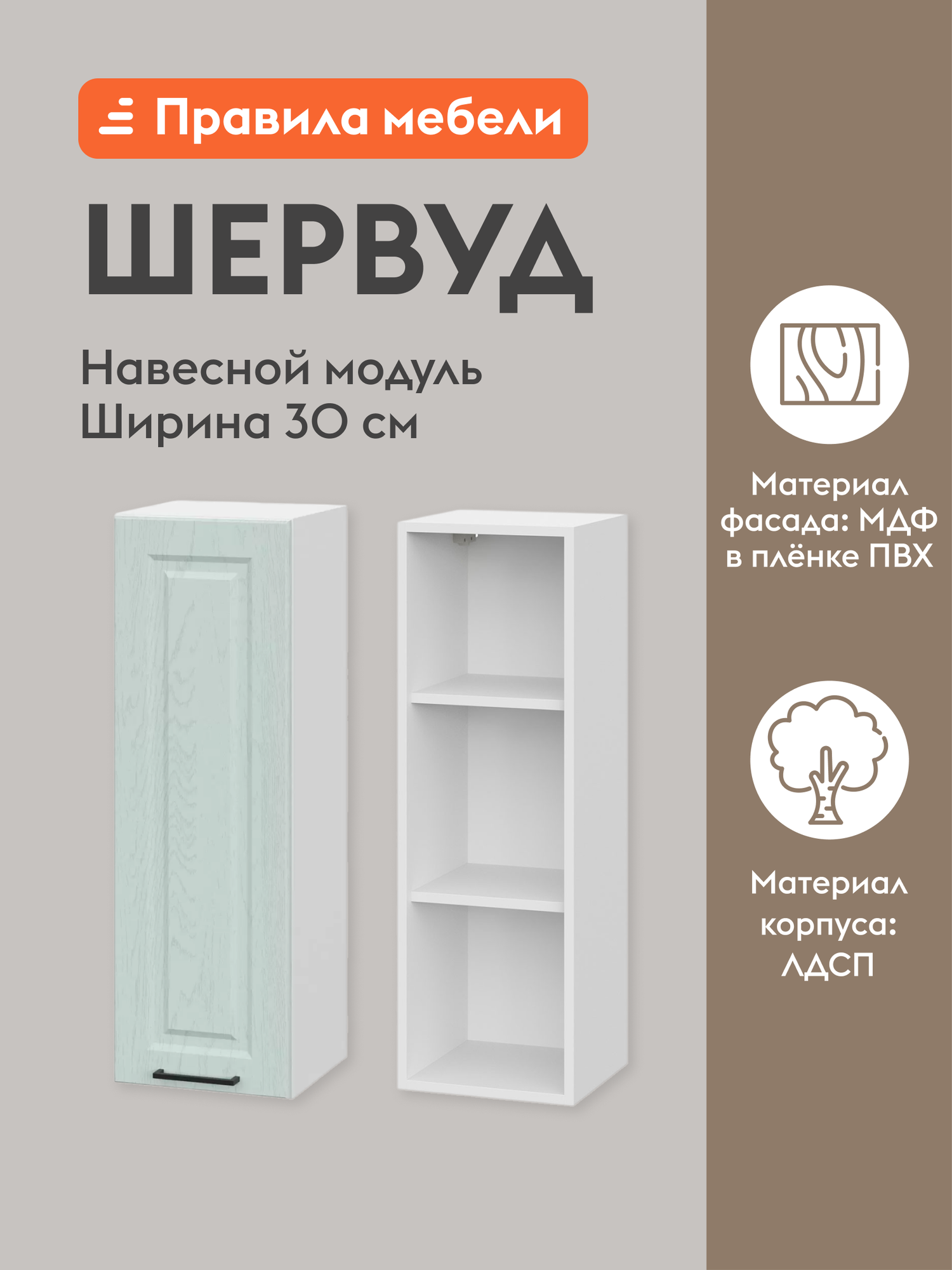 Кухонный модуль навесной, шкаф Шервуд с доводчиками, с полками, 30х29.6х91 см, Белый / Деним голубой