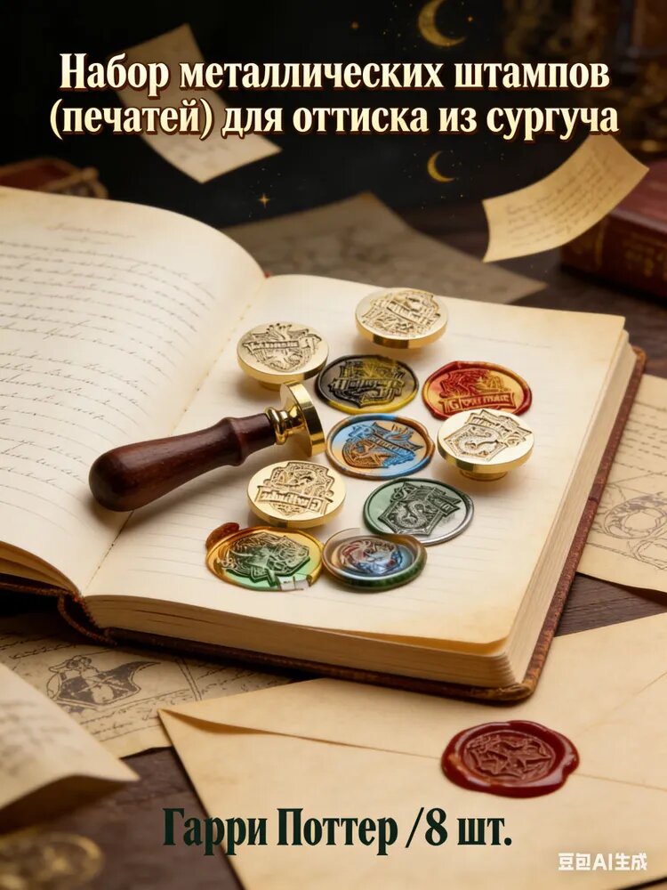 Набор металлических штампов (печатей) Гарри Поттер для оттиска из сургуча 8 шт.