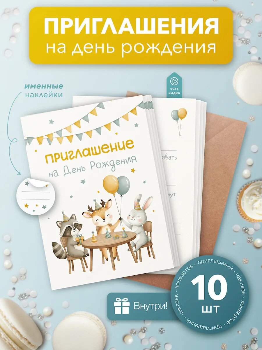 Пригласительные LEMOR "Лесные Животные", 10шт, с наклейками, белый, серый, голубой цвета
