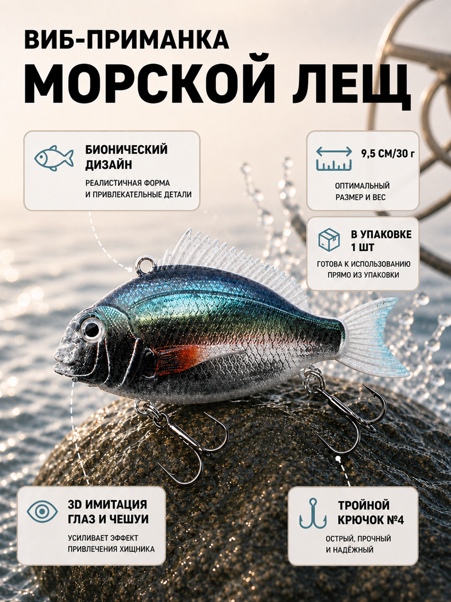 Рыболовная 3D вибрационная виб-приманка (VIB), имитация морского леща, тонущая для дальнего заброса, с тройным крючком 9,5 см/30 г, сине-серебристая