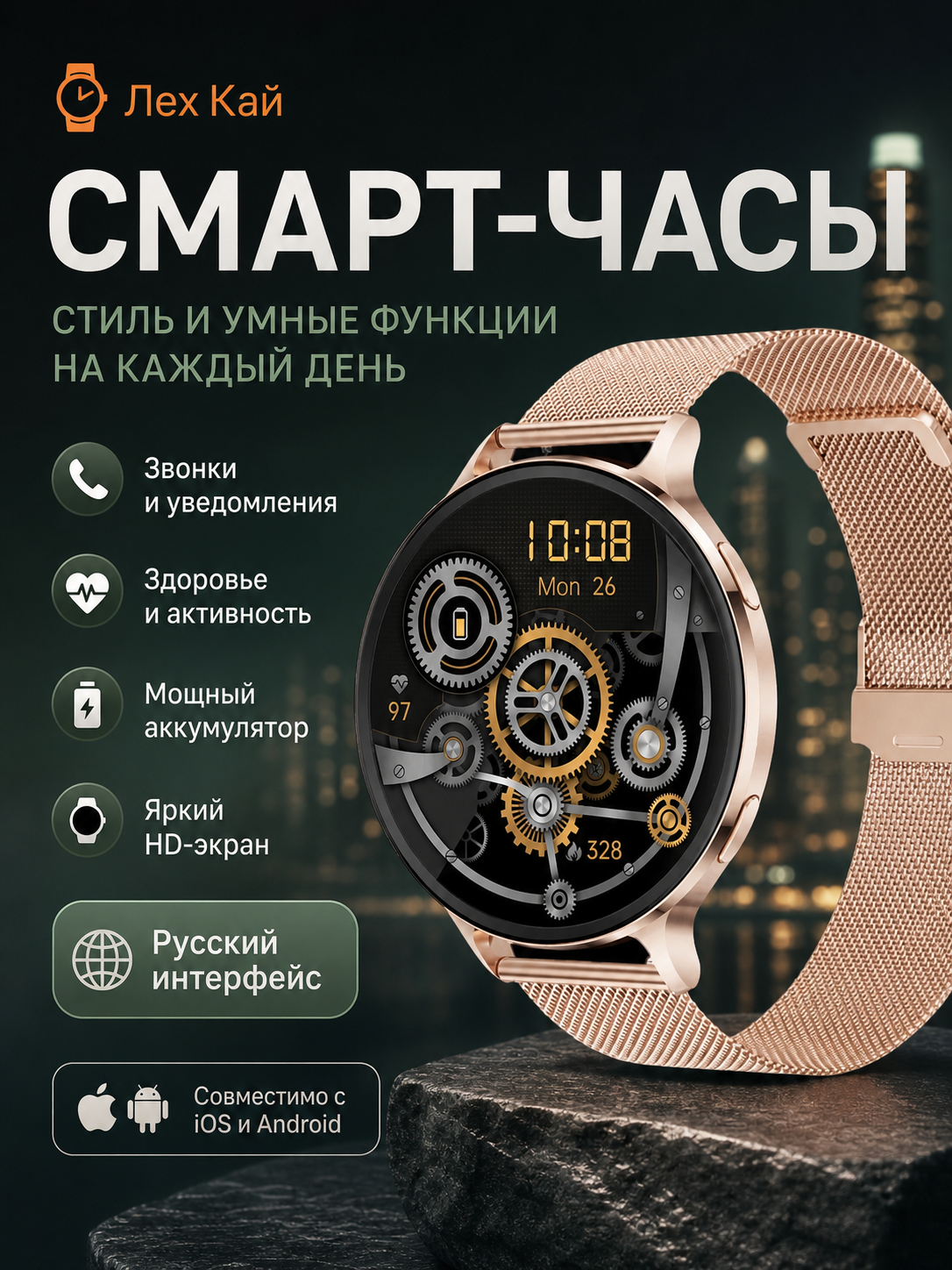 Смарт-часы “Лех Кай Pro X3", AMOLED-дисплей, фитнес-функции, золотистый