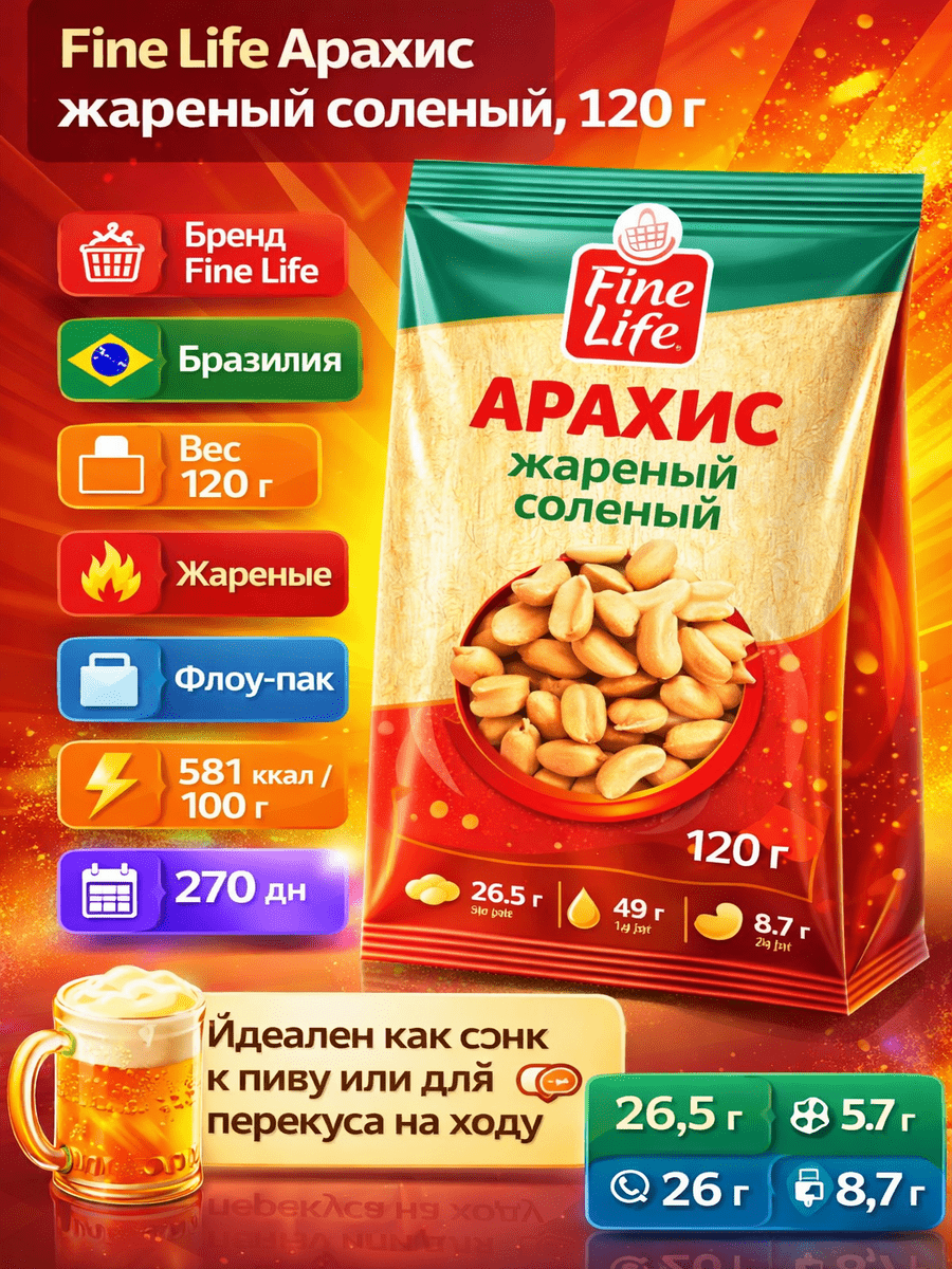Fine Life Арахис жареный соленый, 120г