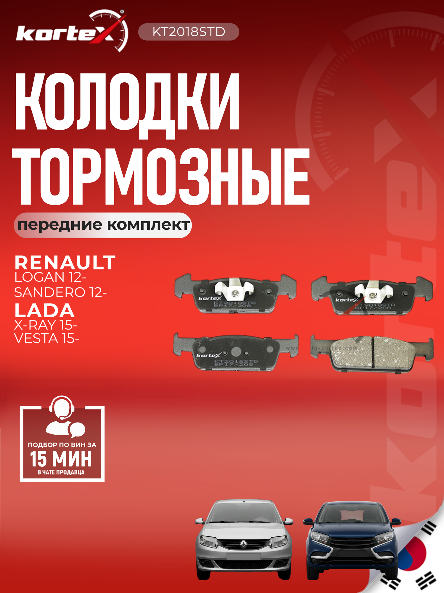 Колодки тормозные передние Рено Логан-II/Сандеро-II (с 2014 г. в.) с двигателем 1.6 8V (K7M). Длина колодки 140 мм.