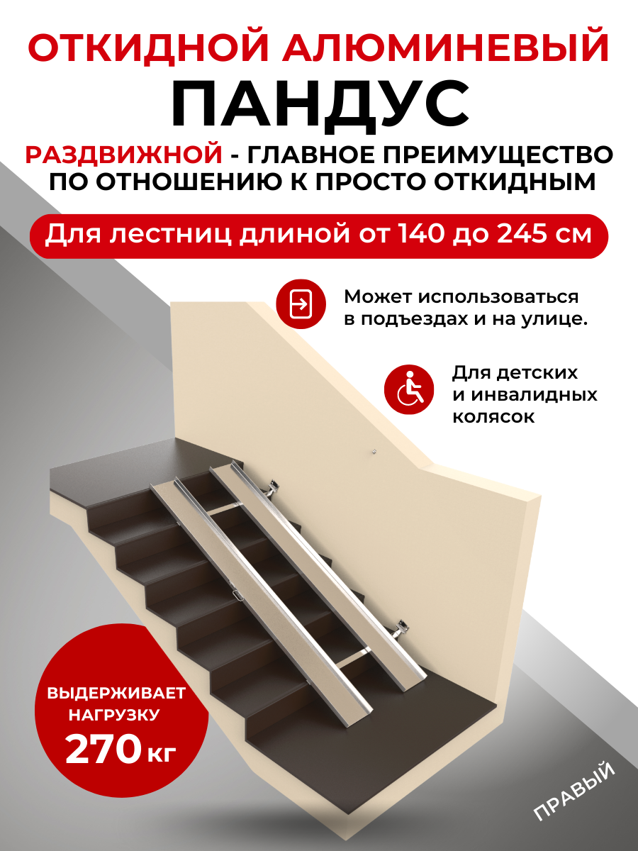 Откидной пандус алюминиевый, раздвижной (140-245 см), в подъезд для детских и инвалидных колясок PANDUSSU - правый