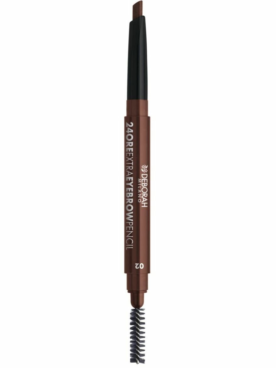 Deborah Milano Карандаш для бровей Тон 02 Средне-каштановый с щеточкой стойкий 24ORE EXTRA EYEBROW PENCIL автоматический 0.22 г.