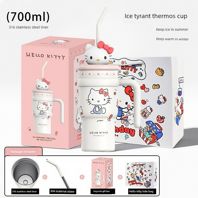 Термокружка Hello Kitty 700 мл с соломкой, вакуумная из нержавеющей стали 316, идеальна для девушек