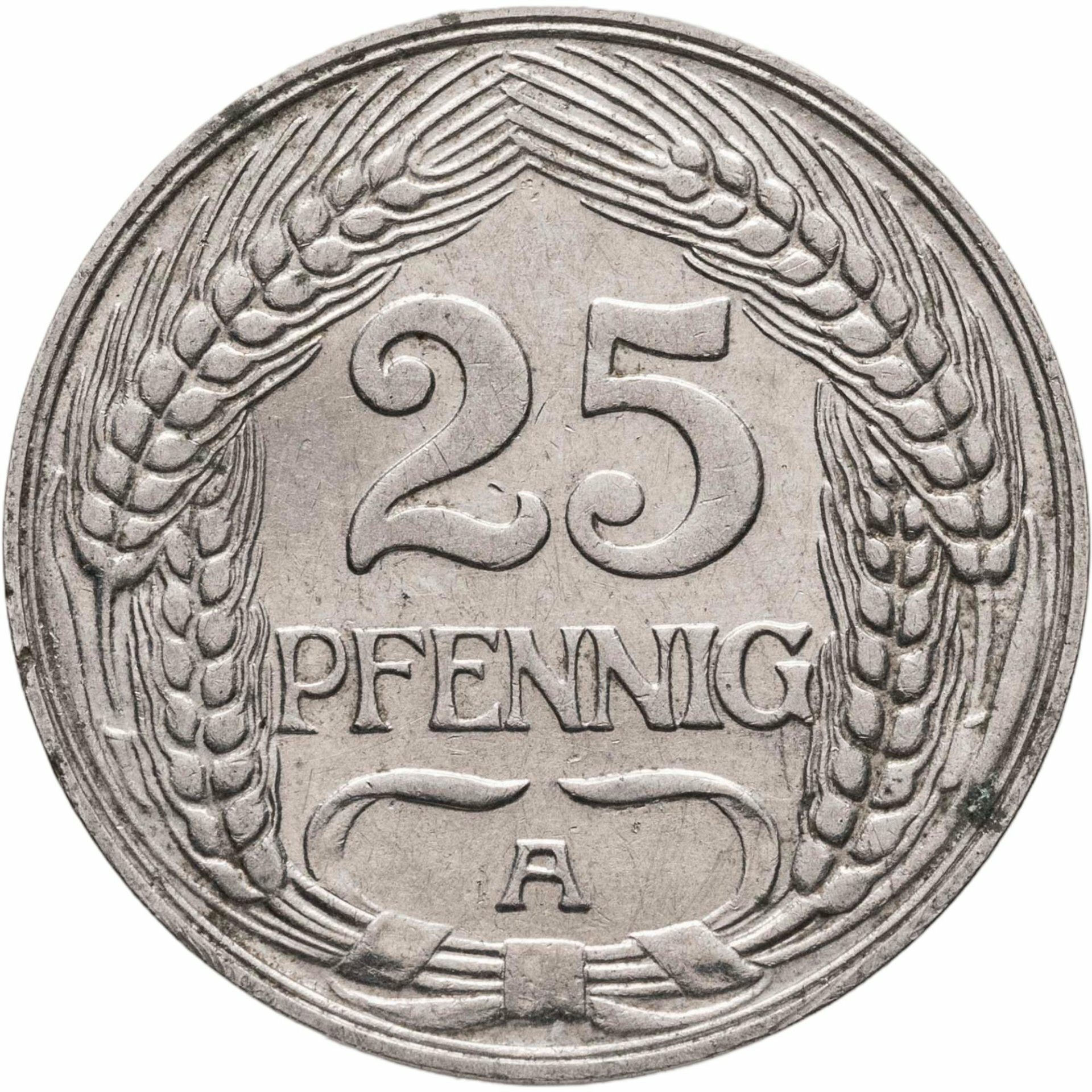 Германия 25 пфеннигов pfennig 1912, знак монетного двора: "A" - Берлин, Никель, в сохранности XF