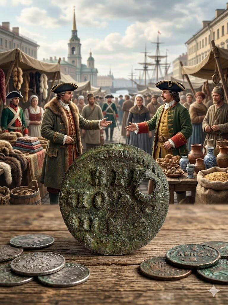 Подлинная монета Полушка 1722 года Российская Империя Петр I