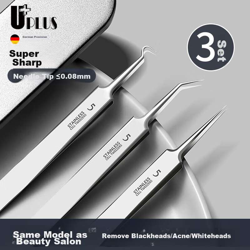 UPLUS Ultra-Fine Blackhead Extractor Set, 3-Piece Kit, Comedone Tweezers, Acne Needle, And Cell Removal Tool