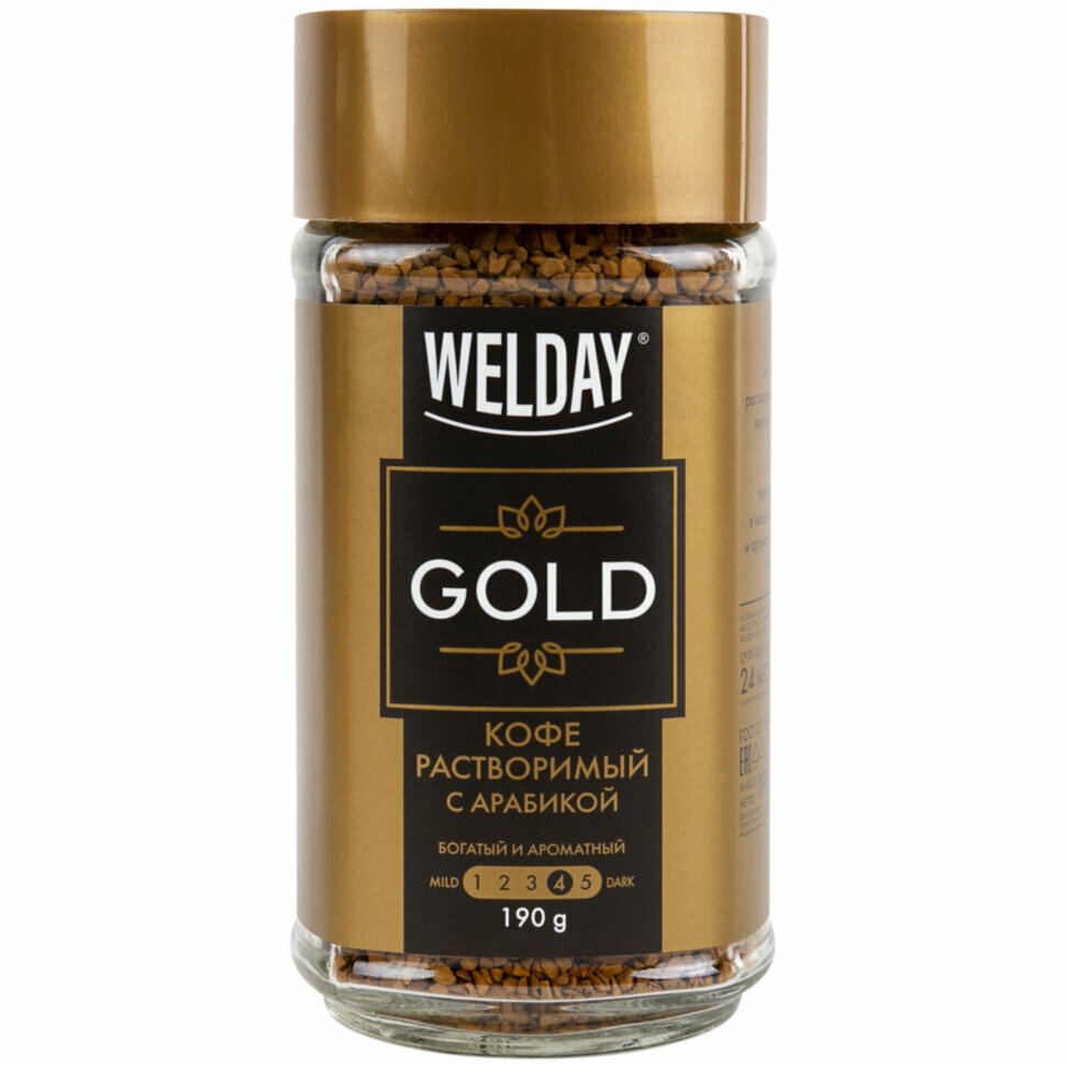 Кофе растворимый WELDAY (вэлдэй) "GOLD" 190 г, стеклянная банка, сублимированный, 622674, 622674