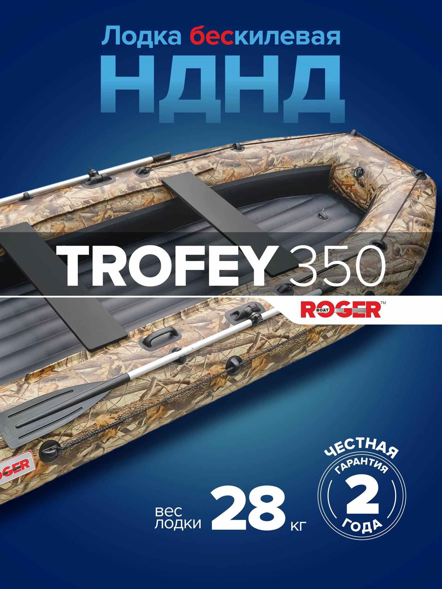 Лодка ПВХ под мотор НДНД ROGER Trofey 350, лодка надувная для рыбалки роджер (лес черный)