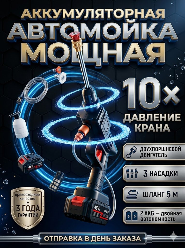Мойка высокого давления аккумуляторная для автомобиля, Автомойка, в кейсе 2 аккумулятора, 3 насадки