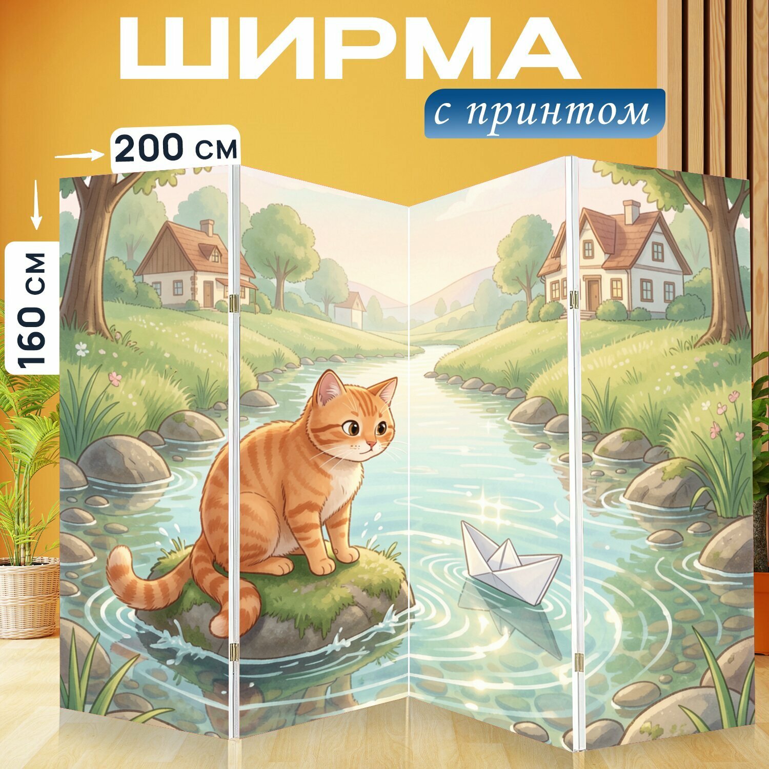 Ширма "Кот у лесной речки с лодочкой. Милый рыжий кот сидит на камне посреди прозрачного ручья, рядом плывёт." перегородка для зонирования комнаты с принтом 200x160 см. на холсте