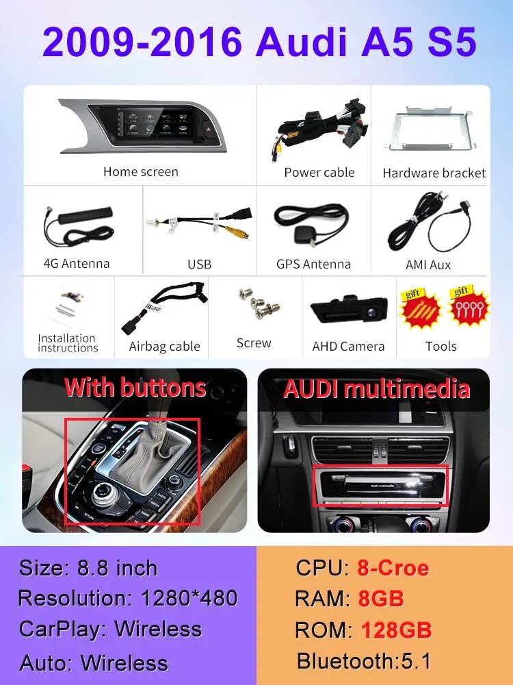 STWEI Qualcomm Snapdragon 680 6225 2,4 ГГц беспроводной CarPlay авто для AUDI A5 S5 автомобильные мультимедийные плееры видео GPS Navi Bluetooth