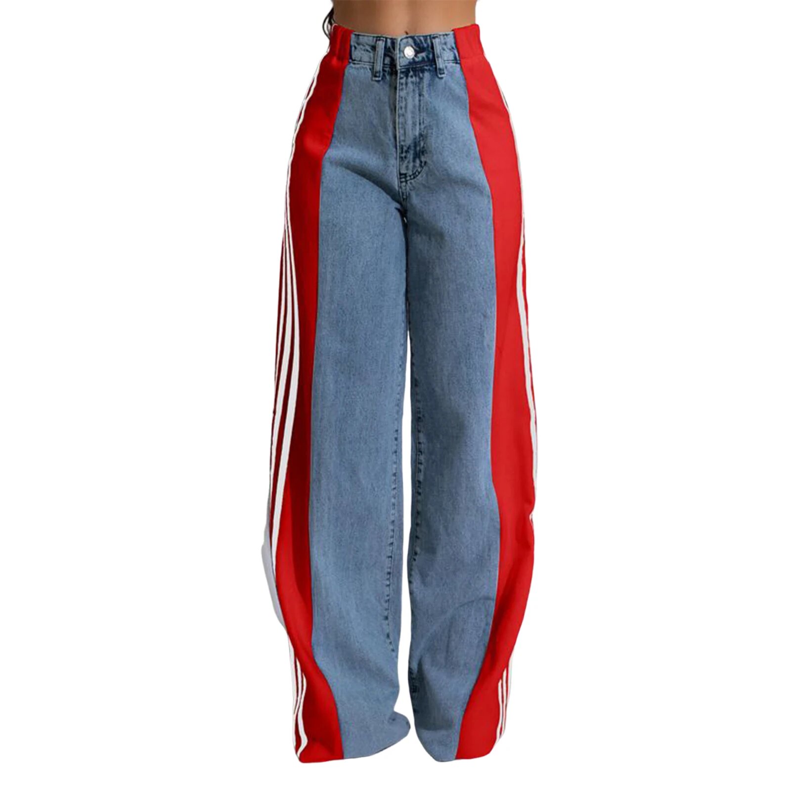 High Waist Loose Wide Leg Side Striped Denim Trouses Women's Spring Summer Baggy Jeans Pants Streetwear