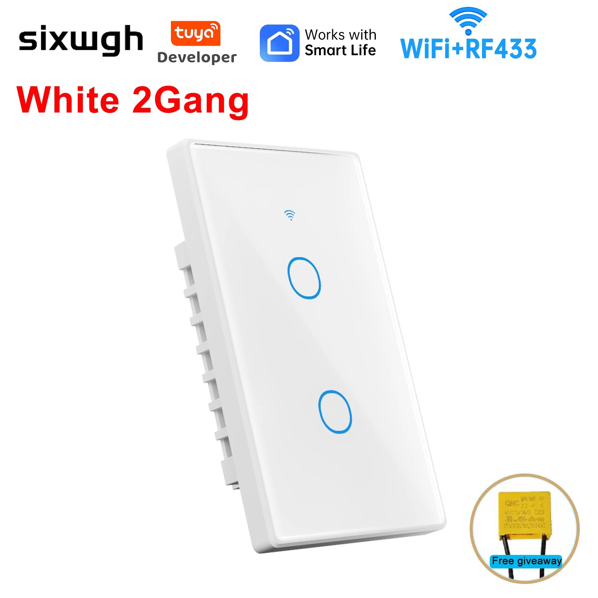 Белый умный выключатель 2gang WIFI+RF433