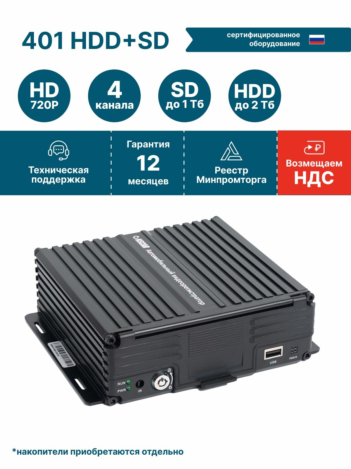 Автомобильный видеорегистратор на 4 камеры NSCAR 401 HDD+SD