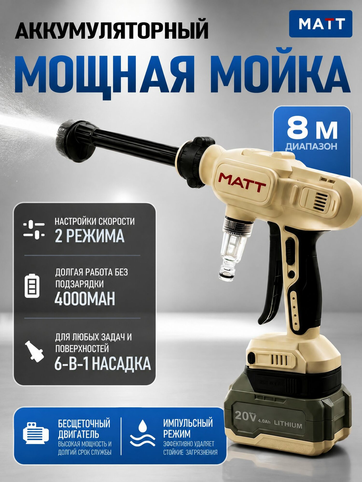 Мойка высокого давления на литиевой батарее, насадка "шесть в одном", радиус действия 8 метров, можно использовать моющее средство, включая 1 аккумулятор и зарядное устройство.