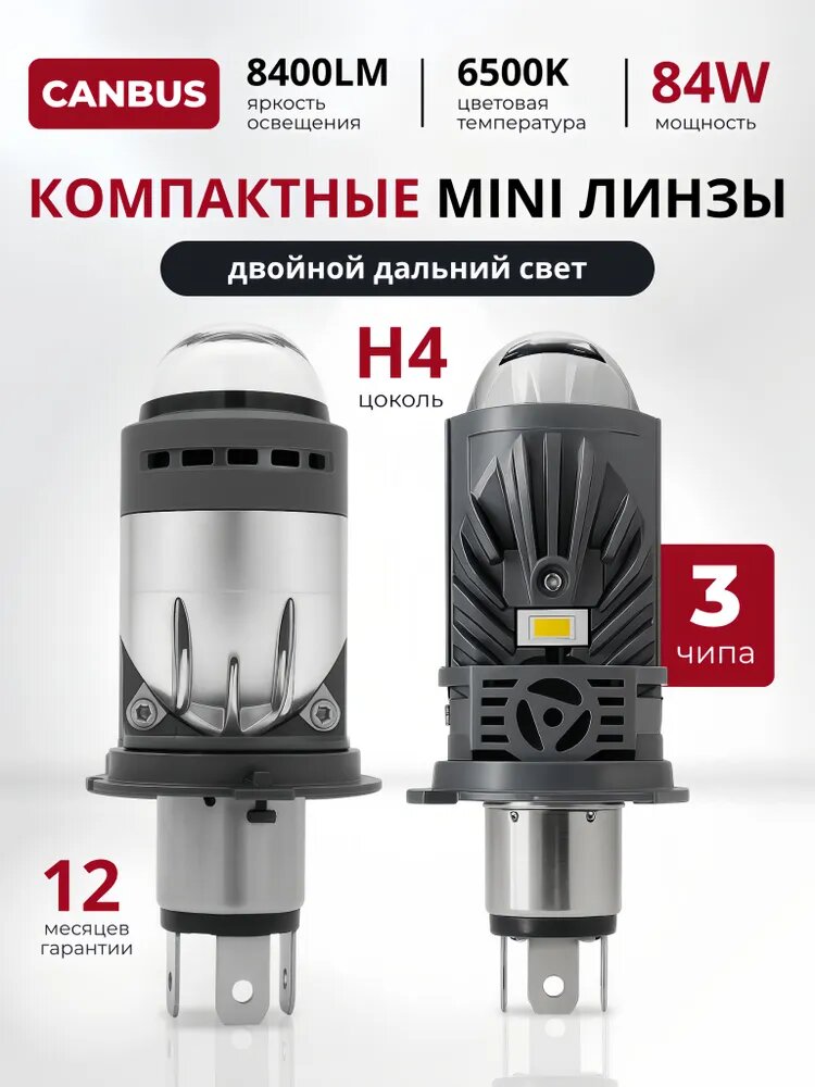 Мини линзы H4, лед лампы H4 M01P PRO, линзованные лампы H4, 6500К