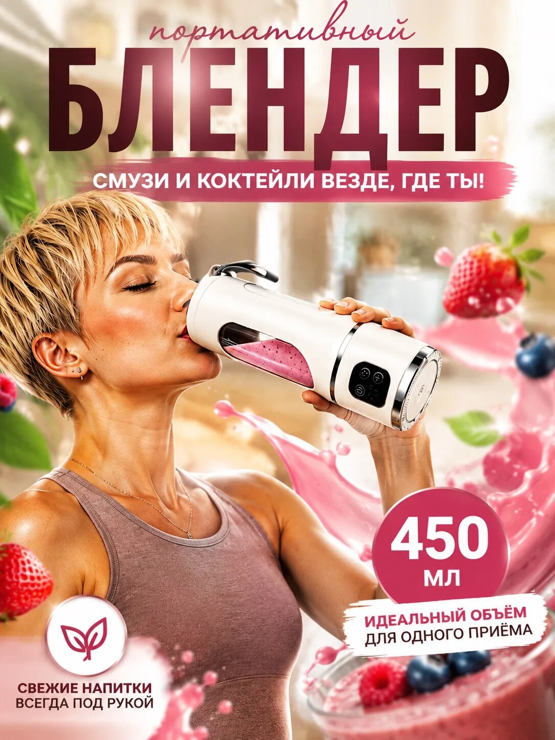 Портативный блендер беспроводной для смузи и коктейлей, 3 скорости с дисплеем, белый