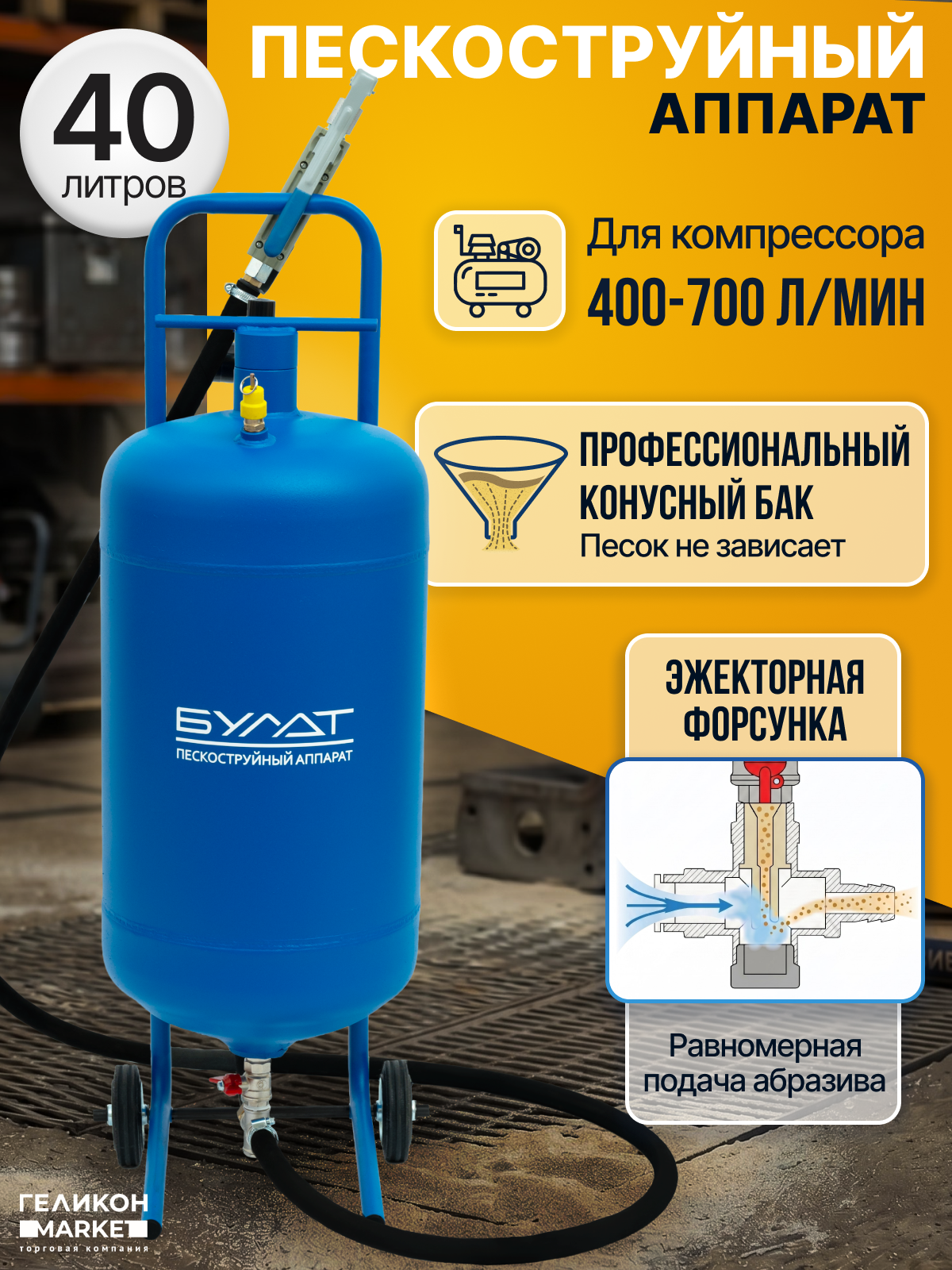 Пескоструй Helicon Булат, 40 л, аппарат для чистки металла или дерева, с осушителем и колесами