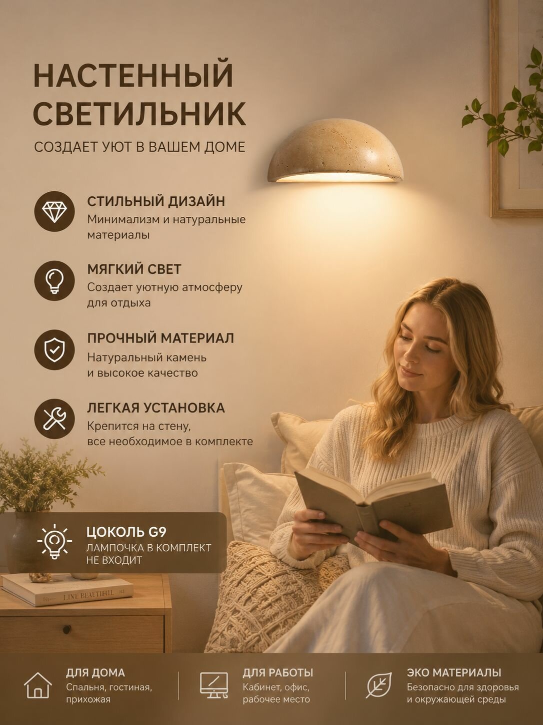 Настенный светильник из желтого травертина для спальни, прикроватная лампа в скандинавском стиле