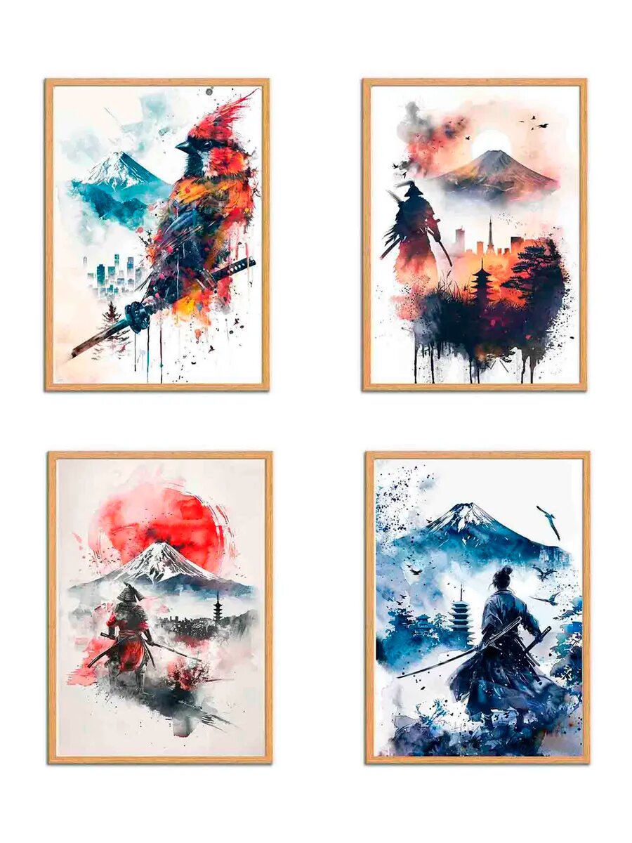 Птица синица Самурай, 4 Плаката, 30x21см