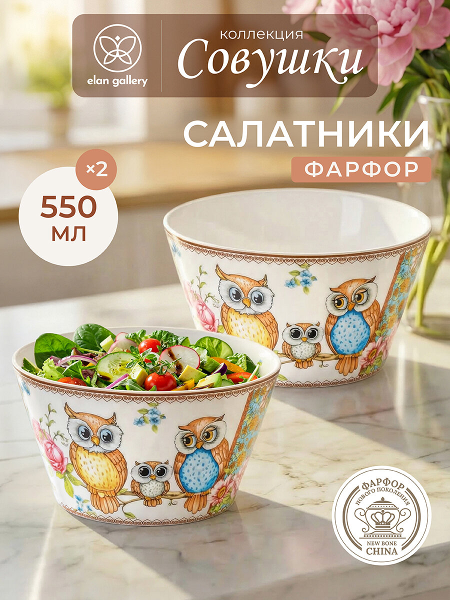 Салатник 2 шт по 550 мл Elan Gallery Совушки, 13x13x7,5 см, набор