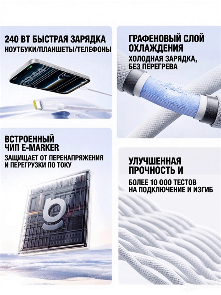 Baseus Кабель Baseus Fast Charging Data Type-C - Type-C 240W 1м E0427702 Белый — фото 1
