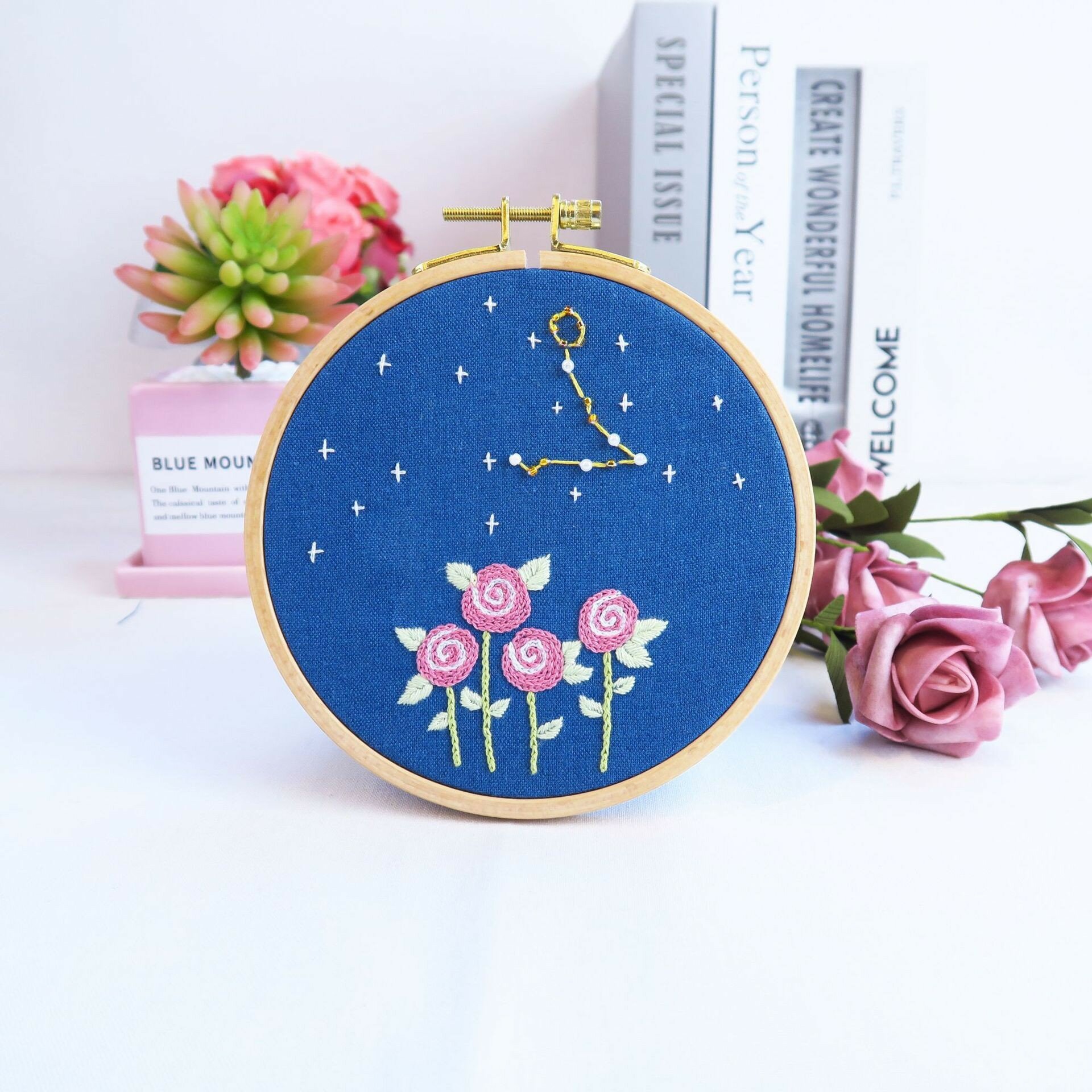 Набор для вышивки DIY для зодиакальной висячей картины - узор Рыб в мягких тонах, включает 16 см бамбуковый ободок,