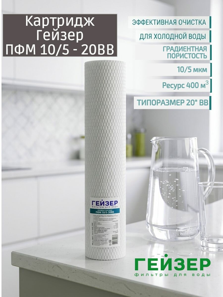 Картридж Гейзер ПФМ 10/5 20BB, 10/5мкм, градиентная пористость для холодной воды, Арт.28227