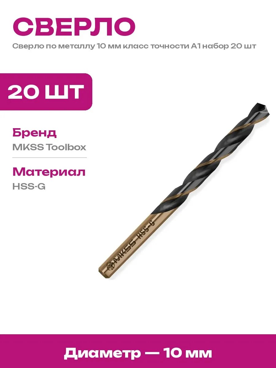 Набор сверл по металлу 10 мм цилиндрический хвостовик 20 шт