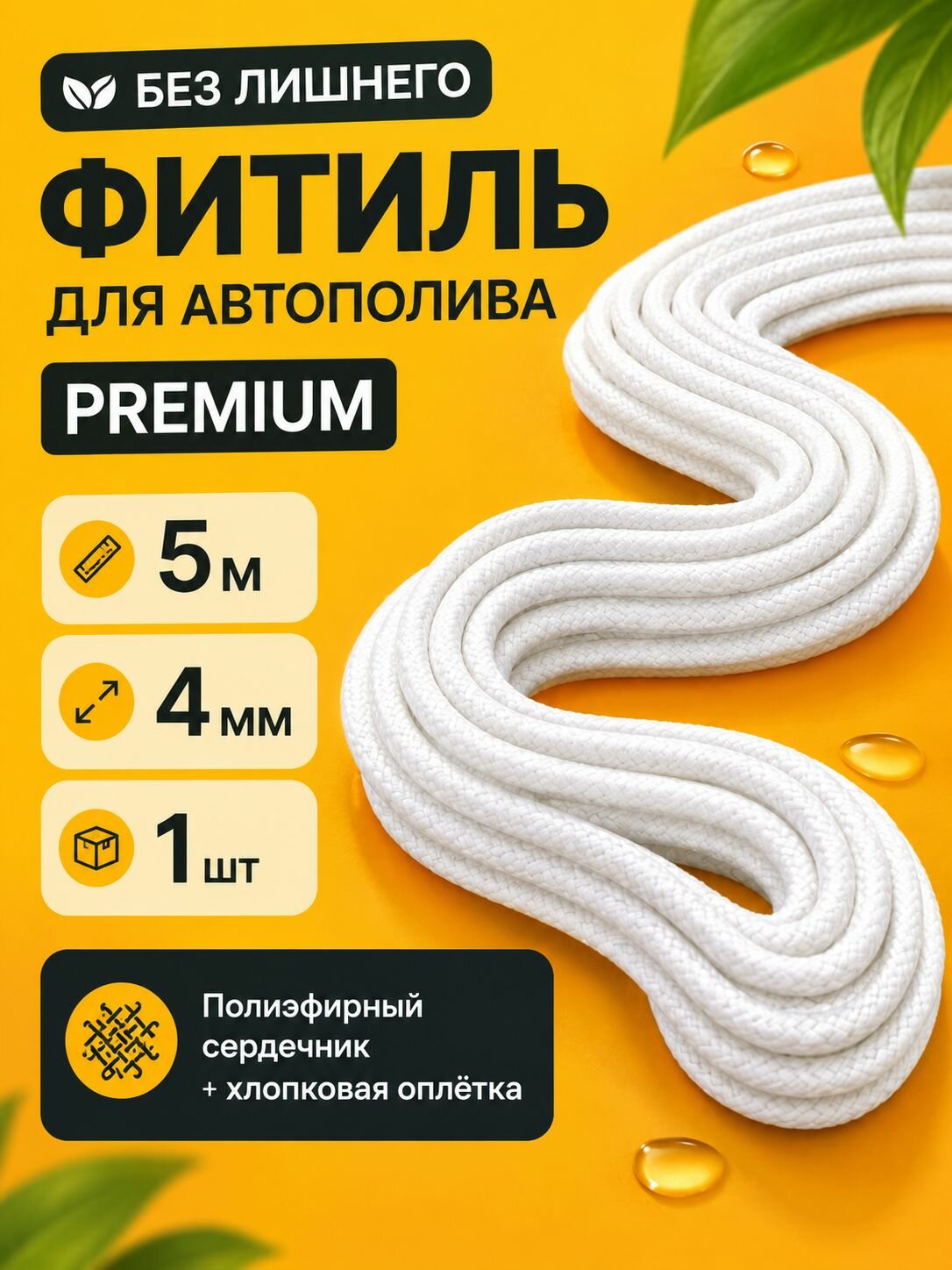 Фитиль для автополива растений 5 м, 4 мм, премиум шнур с хлопковой оплеткой для комнатных цветов и кашпо