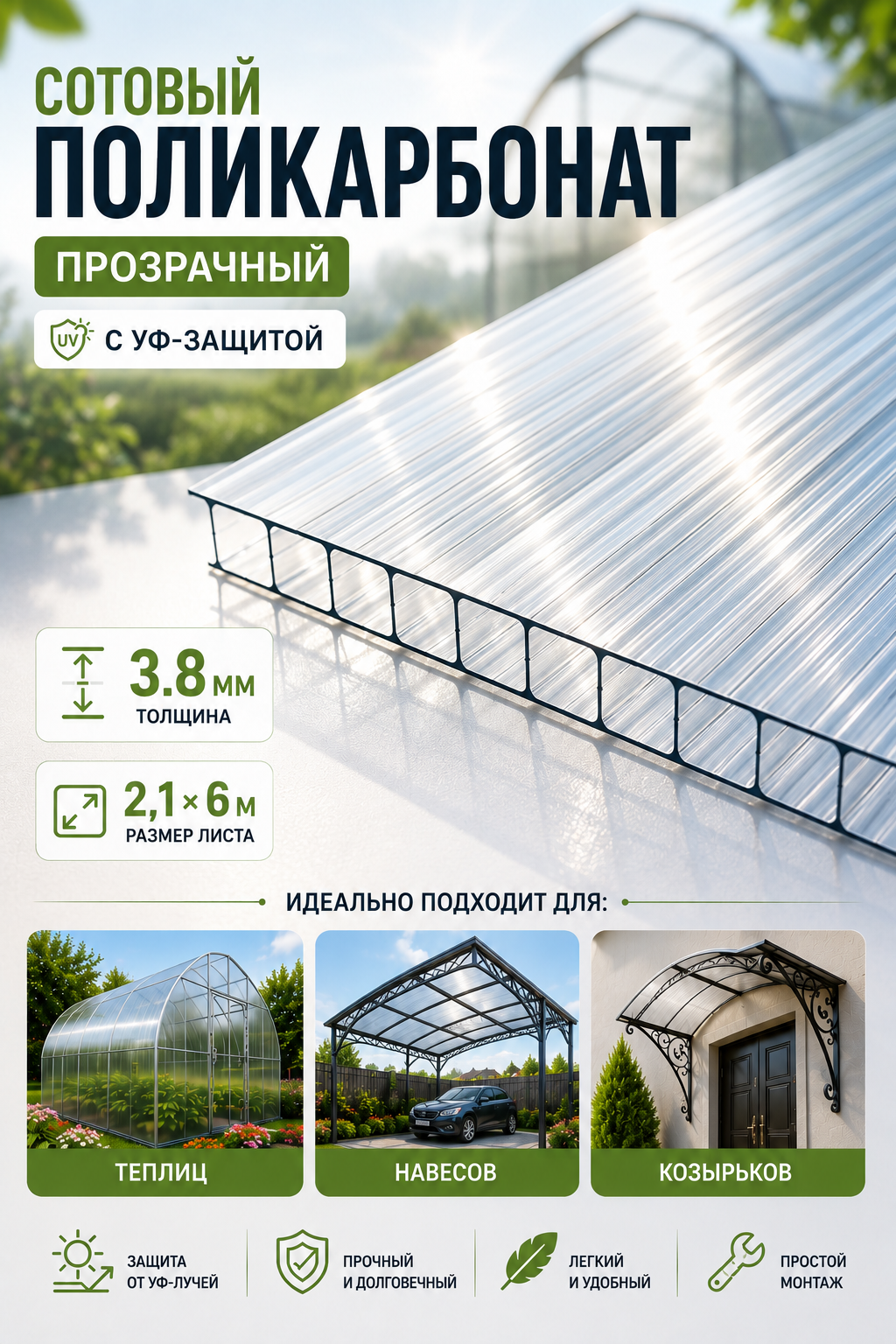 Сотовый поликарбонат прозрачный 3.8 мм, 2,1×6 м, с УФ-защитой для теплиц, навесов и козырьков
