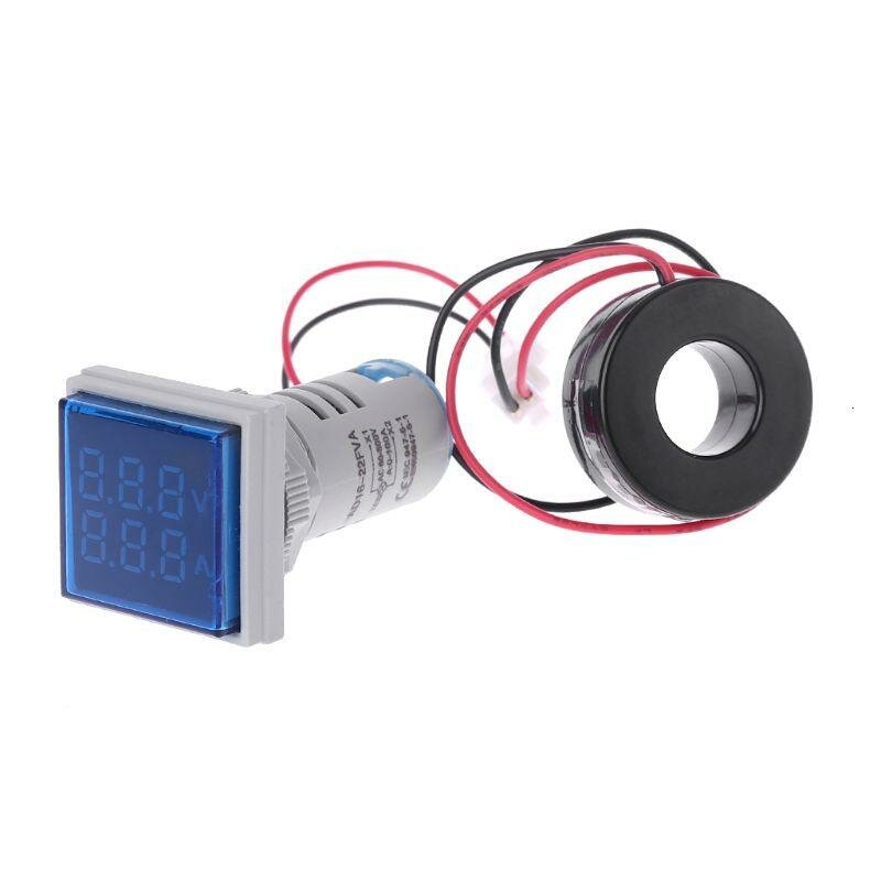 Квадратный двухдисплейный вольтметр-амперметр LED 60-500V 0-100A, Синий