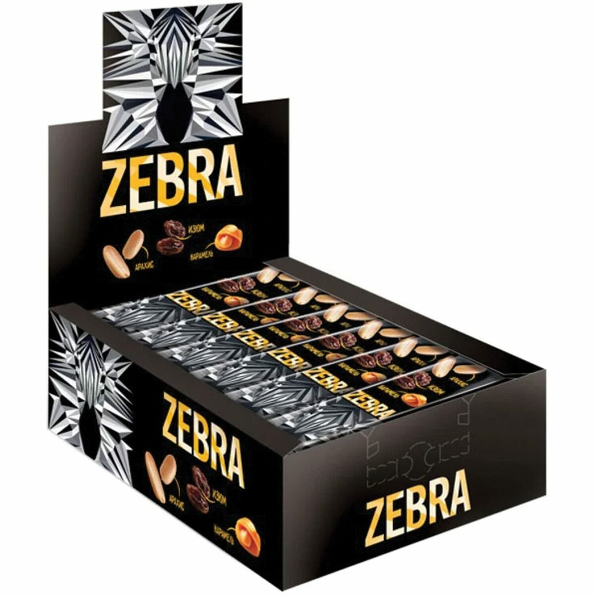 Батончик вафельный глазированный ZEBRA с изюмом и арахисом в мягкой карамели, 40г, в шоу-боксе, ЯВ2 (ЯВ252), 60 уп.