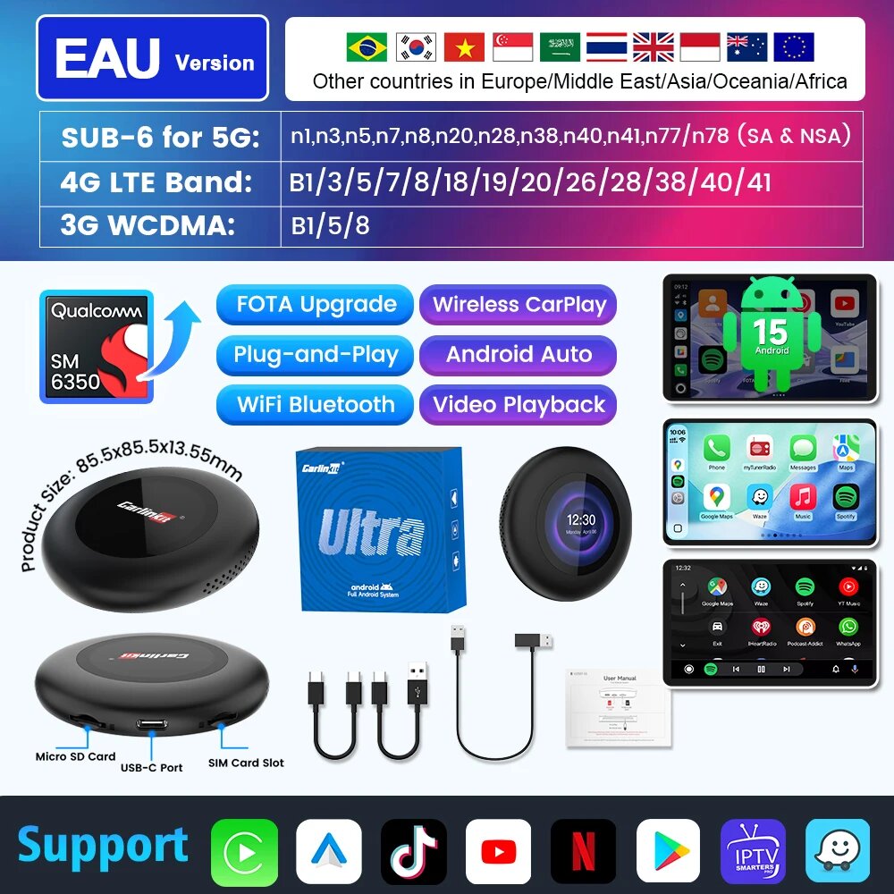 Беспроводной Адаптер Carlinkit 2026 CarPlay Android Auto 5G AI Box С Поддержкой BMW, TBOX ULTRA3 EAU