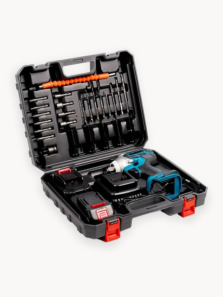 Гайковерт, гайковерт аккумуляторный, бесщеточный гайковерт, 2 аккумулятора, сверла, головки, биты, набор 30 предметов, синий