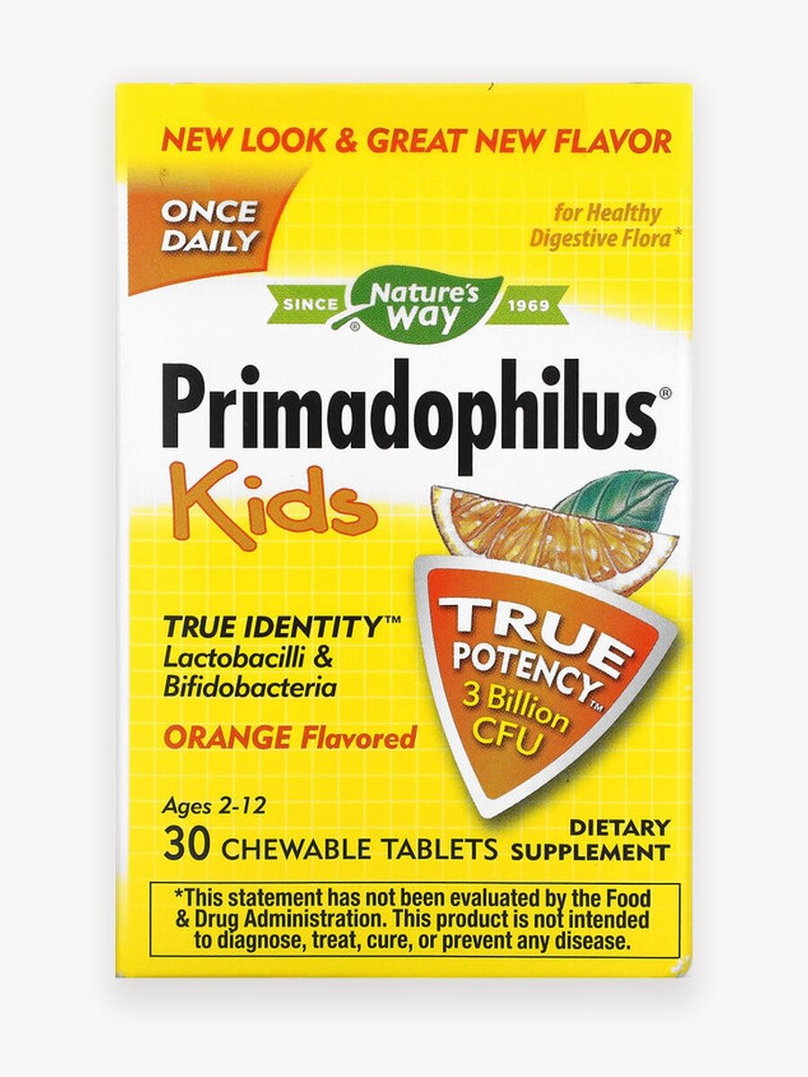 Nature's Way, Primadophilus, для детей от 2 до 12 лет, вкус апельсина, 3 млрд КОЕ, 30 жевательных таблеток