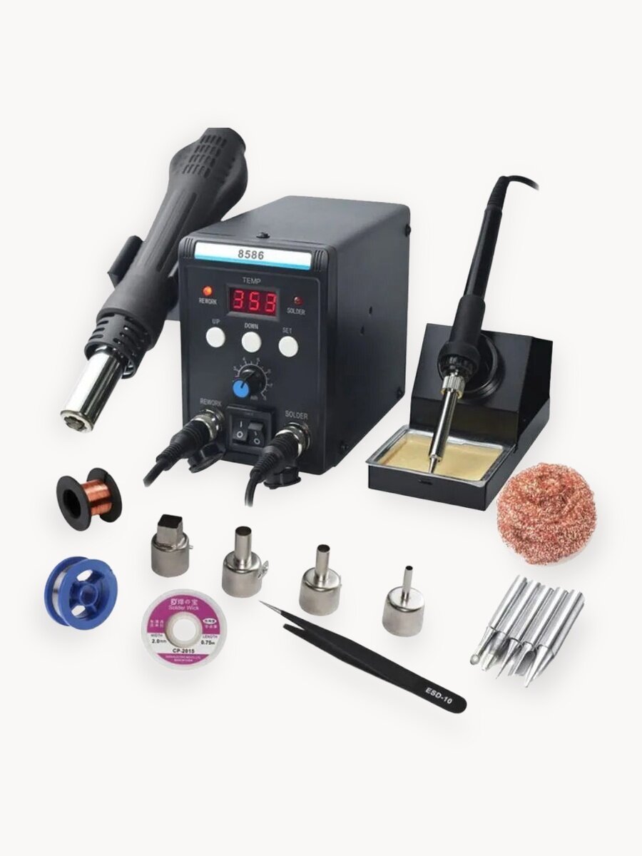 Паяльная станция с феном и паяльником Sumsour 8586, 750 Вт, 15 предметов