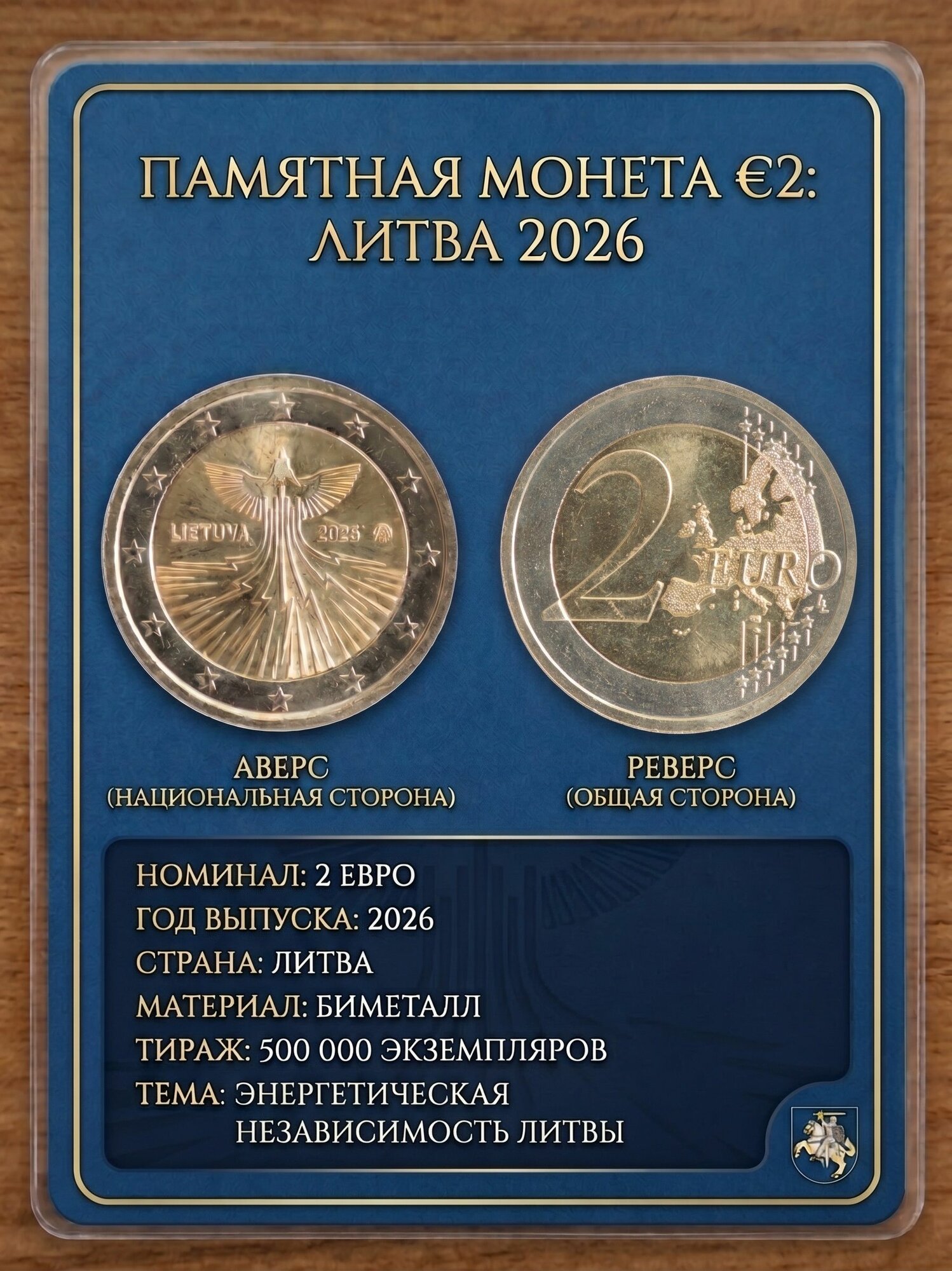 Подлинная монета 2 евро 2026 года Литва: Энергетическая независимость Литвы